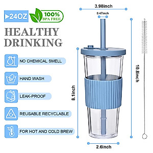 AiDrink 24 OZ Plastic Tumbler with Lid and Wide Straw Reusable Boba Cup Iced Coffee Iced Tea Smoothie to Go Cup Clear Insulated Double Wall Tumbler Leak-Proof Travel Mug for Adults (Purple)