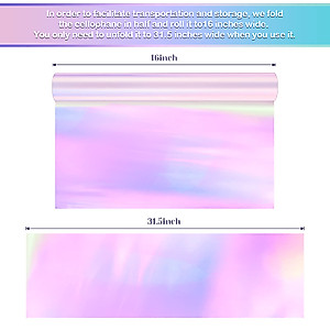 31.5 Inch x 50 Ft Iridescent Film Cellophane Roll Rainbow Holographic Cellophane Wrap Paper with 10 Rolls Colorful Metallic Curling Balloon Ribbon for Flower Gift Candy Handicraft Crafts