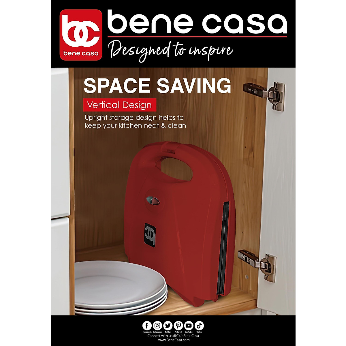 Bene Casa - Red Nonstick Flat Grill Sandwich Maker - Includes Cool-touch Handles and Die Cast Aluminum Cooking Surface