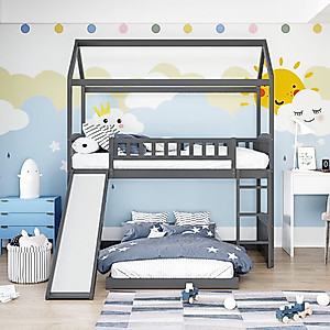 Harper & Bright Designs Twin Over Twin Bunk Bed with Slide, House Bunk Bed with Slide, Playhouse Bed for Toddlers Kids Girls Boys - Gray