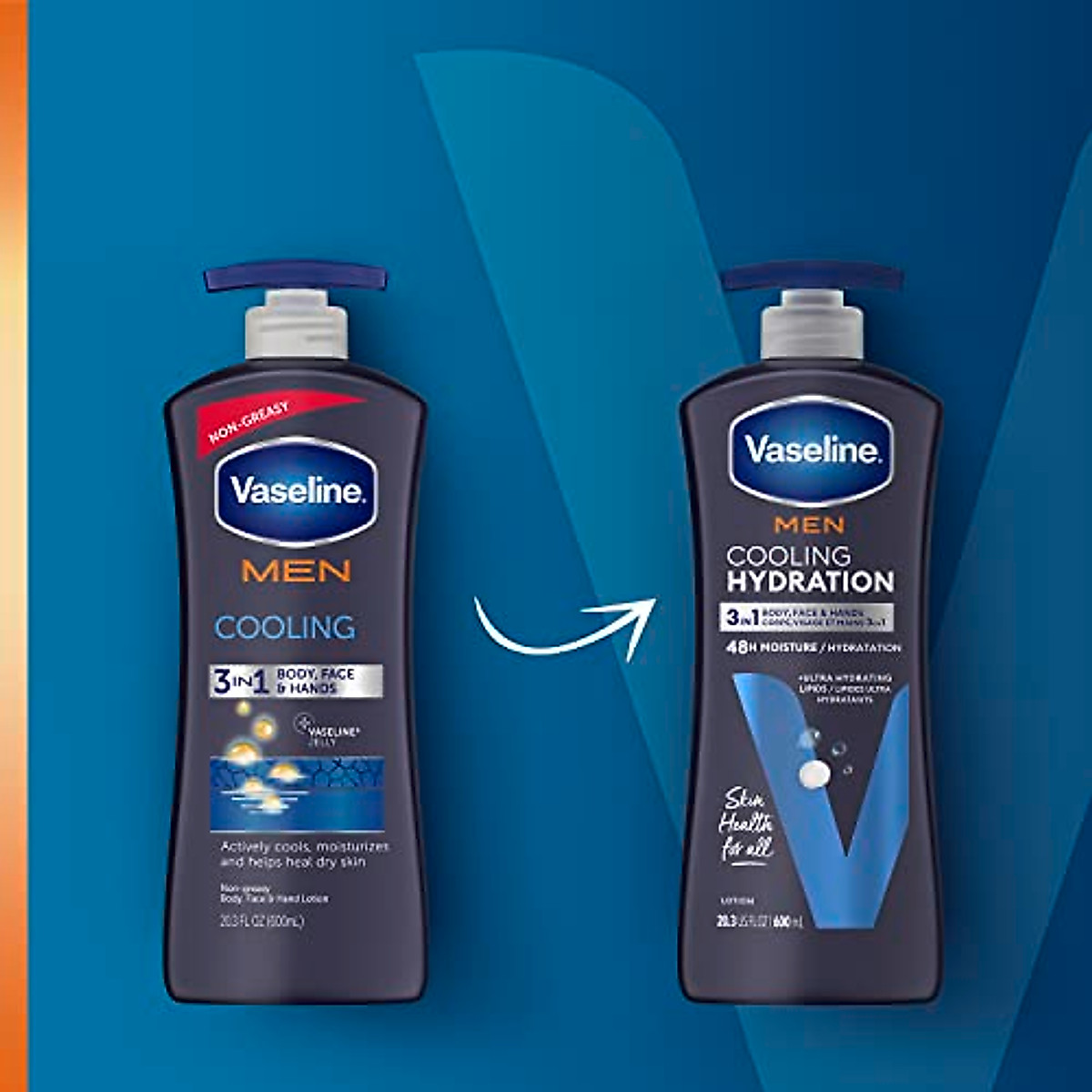 Vaseline Men Cooling Hydration 3-in-1 Face, Hands & Body Lotion for Men for Dry Skin with Menthol & Ultra-Hydrating Lipids 20.3 oz, Pack of 4