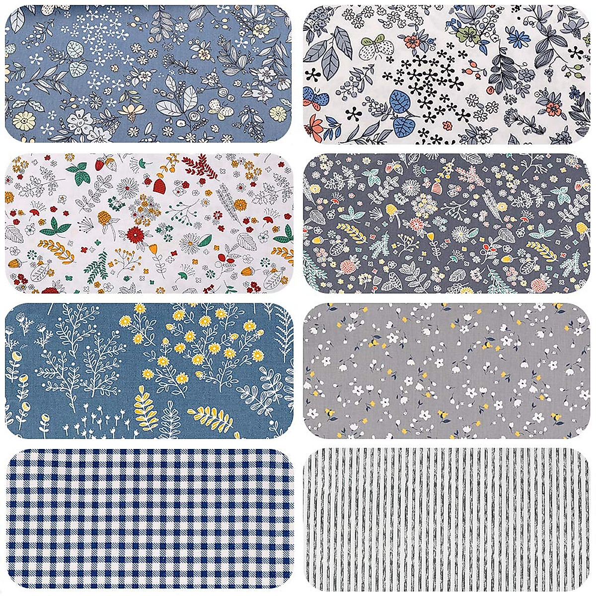 Hanjunzhao Checked Striped Floral Quilting Fabric, Dark Blue Gray Fat Quarters Fabric Bundles,18 x 22 inches