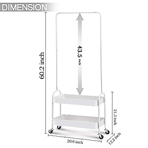 KINGRACK 2-in 1 Garment Rack, Clothing Rack with 2 Tier Metal Basket, Rolling Storage Cart Clothes Organizer Coat Rack Storage Stand on Wheels for Home Bedroom Laundry Small Place Entryway, White