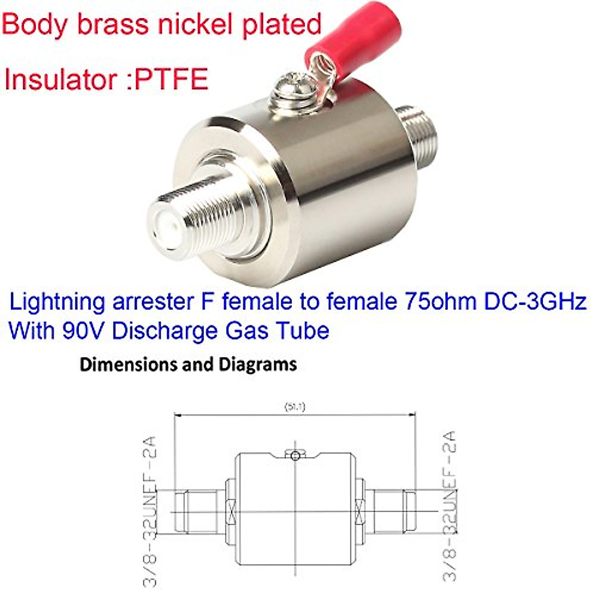 Lightning Surge Protector F Female to F Female DC-3 GHz 75 ohm with 90 V Gas Tube Surge Arrester (Lightning Arrester F Female to Female)