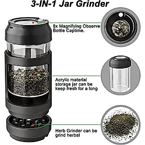 METSHOW Light-Up LED Transparent Seal Storage Jar，Magnifying Viewing Glass Airtight Jar with Grinder ，8 x Magnification Glass(Black)