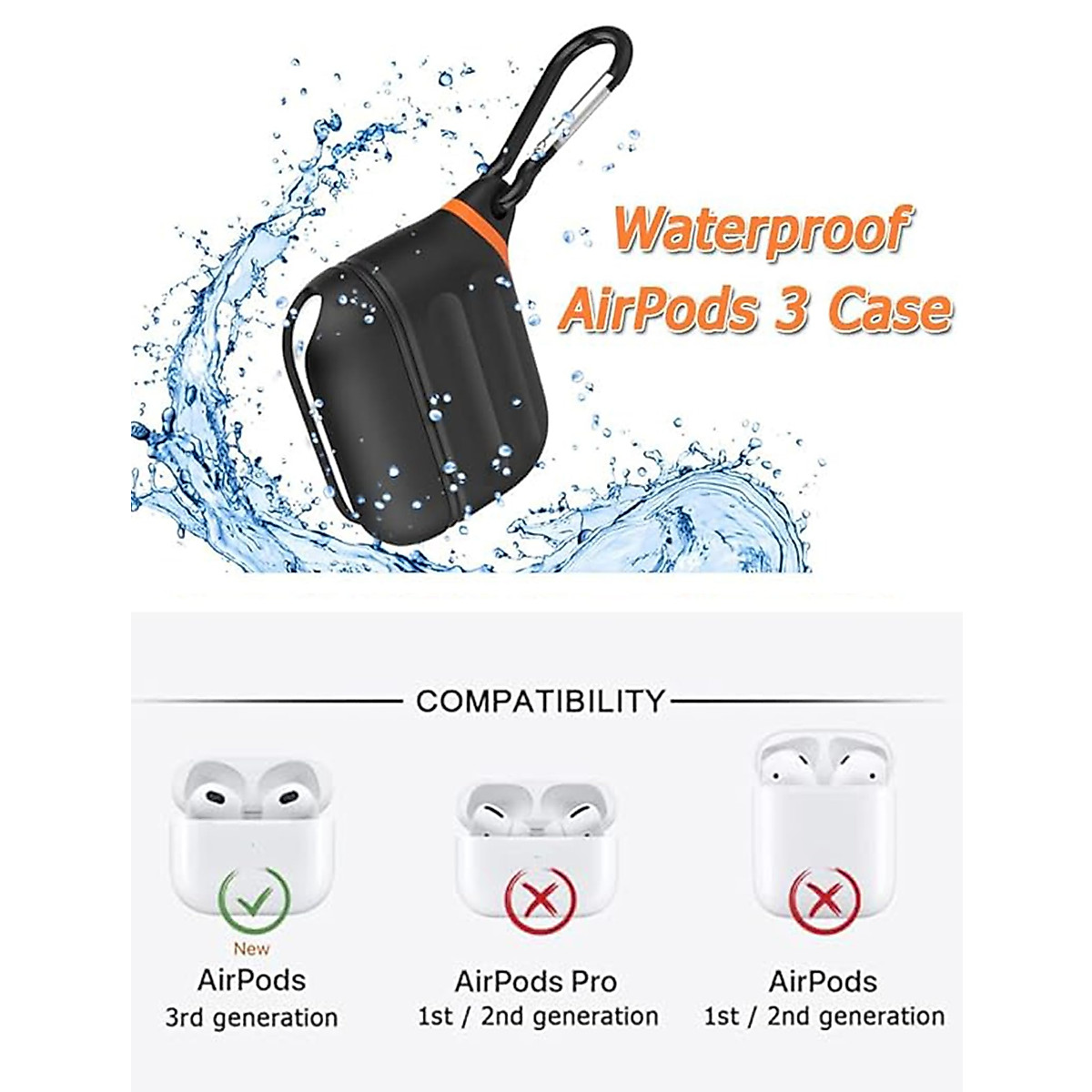 HALLEAST for AirPods 3 Case Waterproof, Front LED Visible & Support Wireless Charging, Protective Silicone Case Cover Compatible with for Apple AirPods 3 with Carabiner, Nightglow Yellow