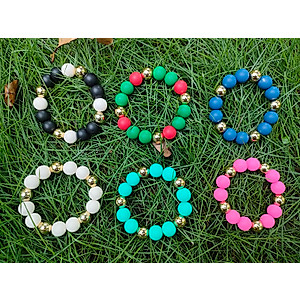 Junyuerly Wristlet Keychain Silicone Beaded Key Ring Bracelet for Women Elastic Bangle Key Chain Holder (Gold bead + white bead)