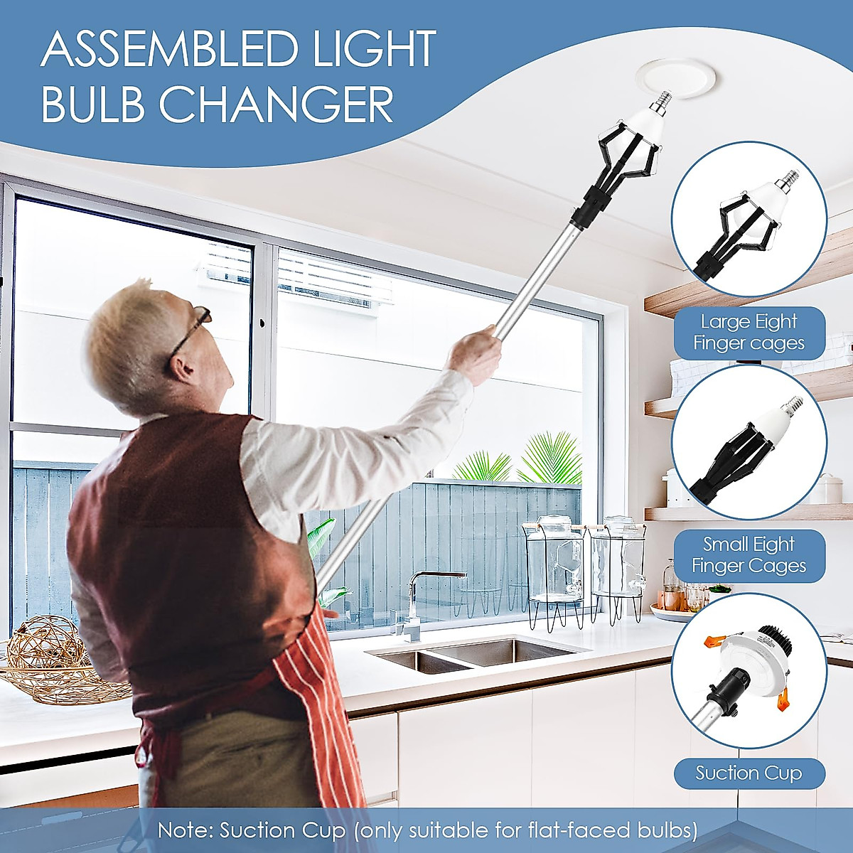 light bulb changer, light bulb pole changer for high ceilings, 12FT-light bulb extension pole changer, light bulb changer with Pole with Baskets and Suction Cup for High Ceilings and Recessed Lights