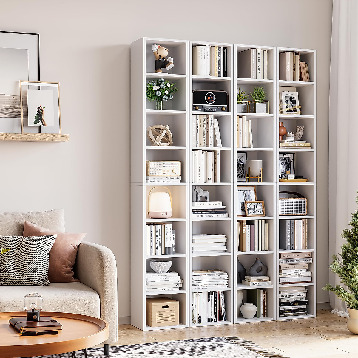 Bamjoy 71 Inches Tall Narrow Bookshelf, 8-Tier CD DVD Slim Media Tower Rack, Corner Bookcase with Adjustable Shelves, Skinny Cubes Bookshelves for Home Office Small Space, White