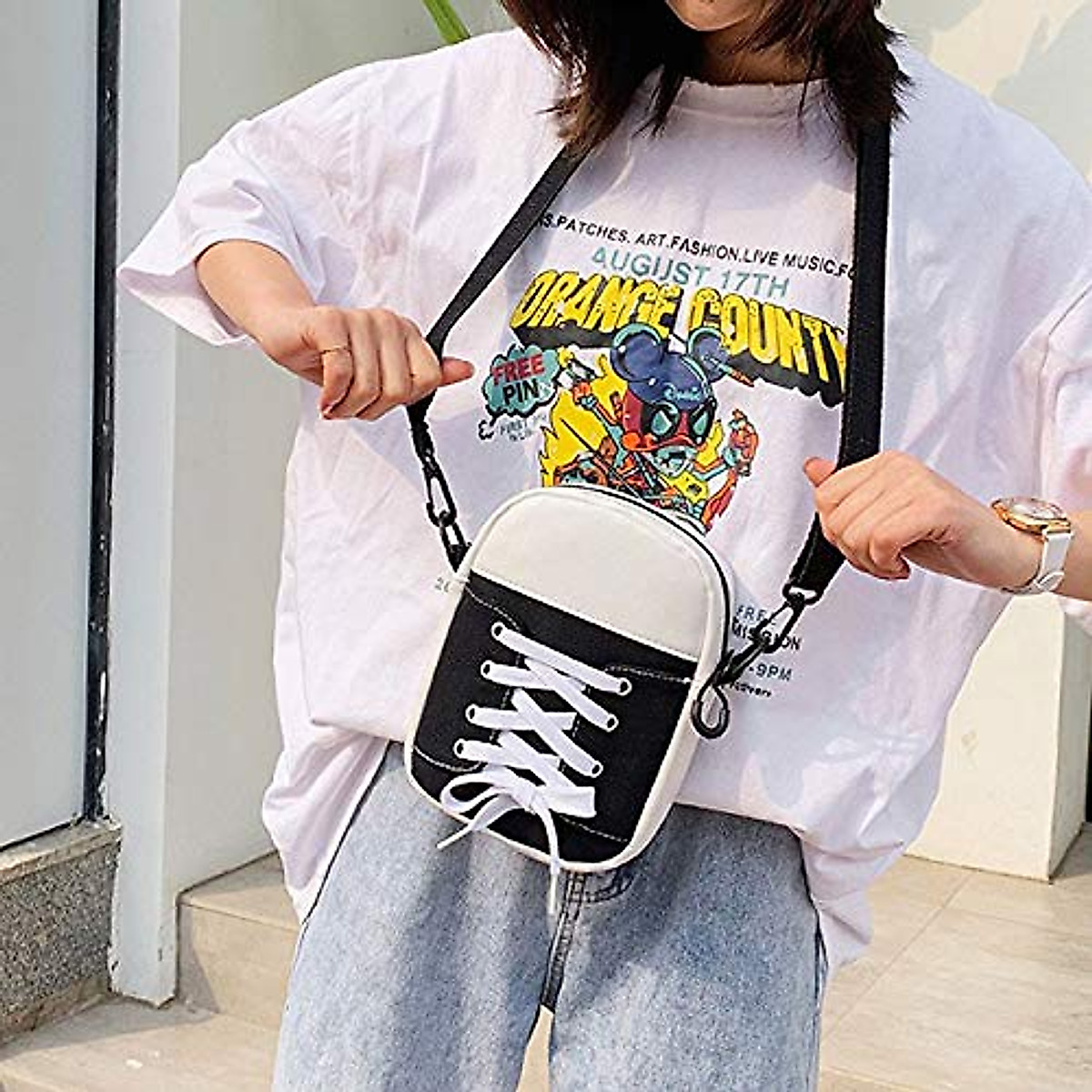 Rebecca Crossbody Bags for Women Girls Lace Up Canvas Shoulder Bag School Travel Students Bag (Black)