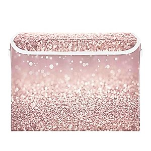 KEEPREAL Rose Gold Glitter Texture Storage Basket Bin with lid, Large Cube Storage Box Collapsible Storage Organizer for Home Office Closet - 16.5 L x 12.6 W x 11.8 H