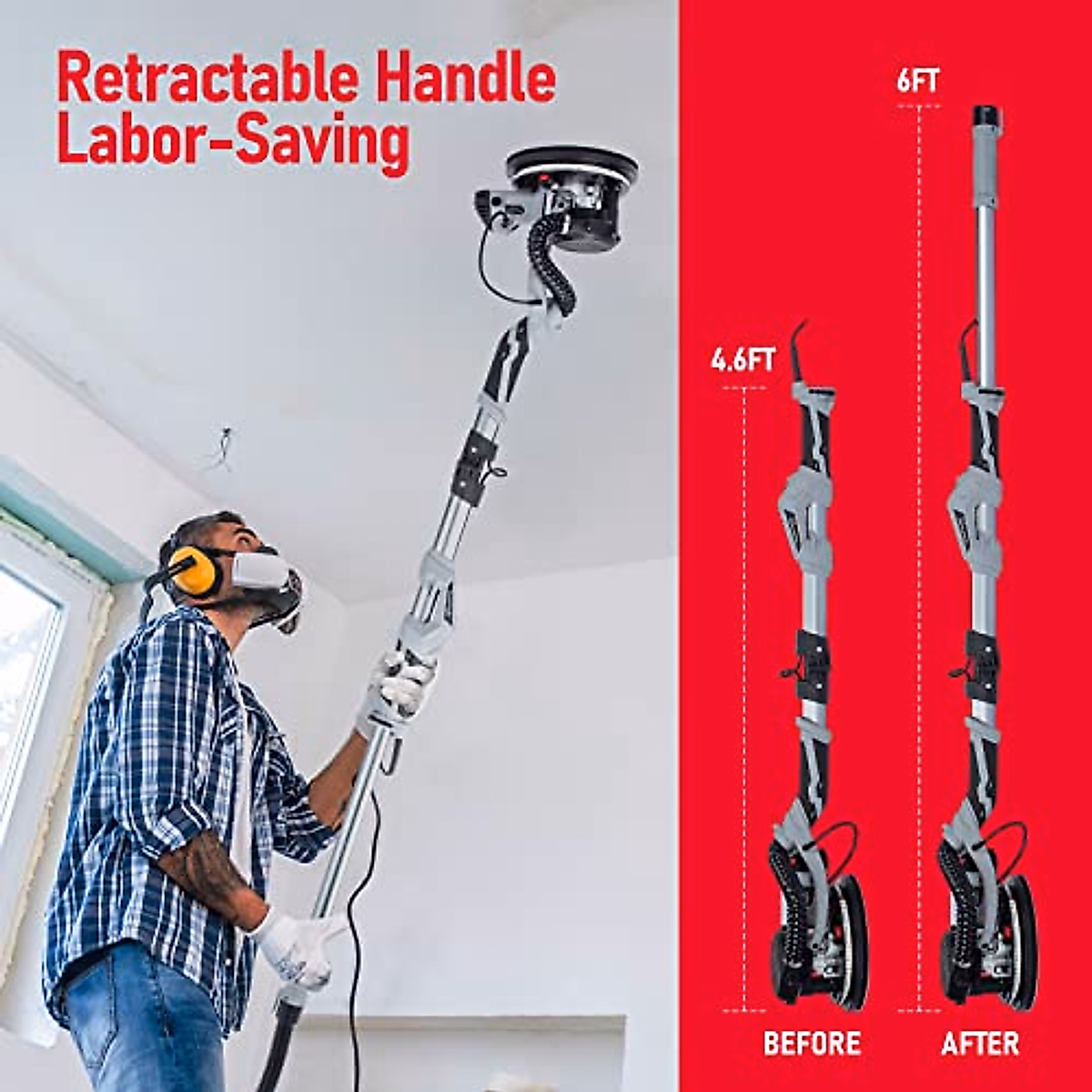 Drywall Sander, 800W Electric Motor Sander with Automatic Dust Removal System, Variable Speed 800-1800RPM With LED Light, Extendable & Foldable Handle, 12 Pcs Sanding Discs and Carrying Bag