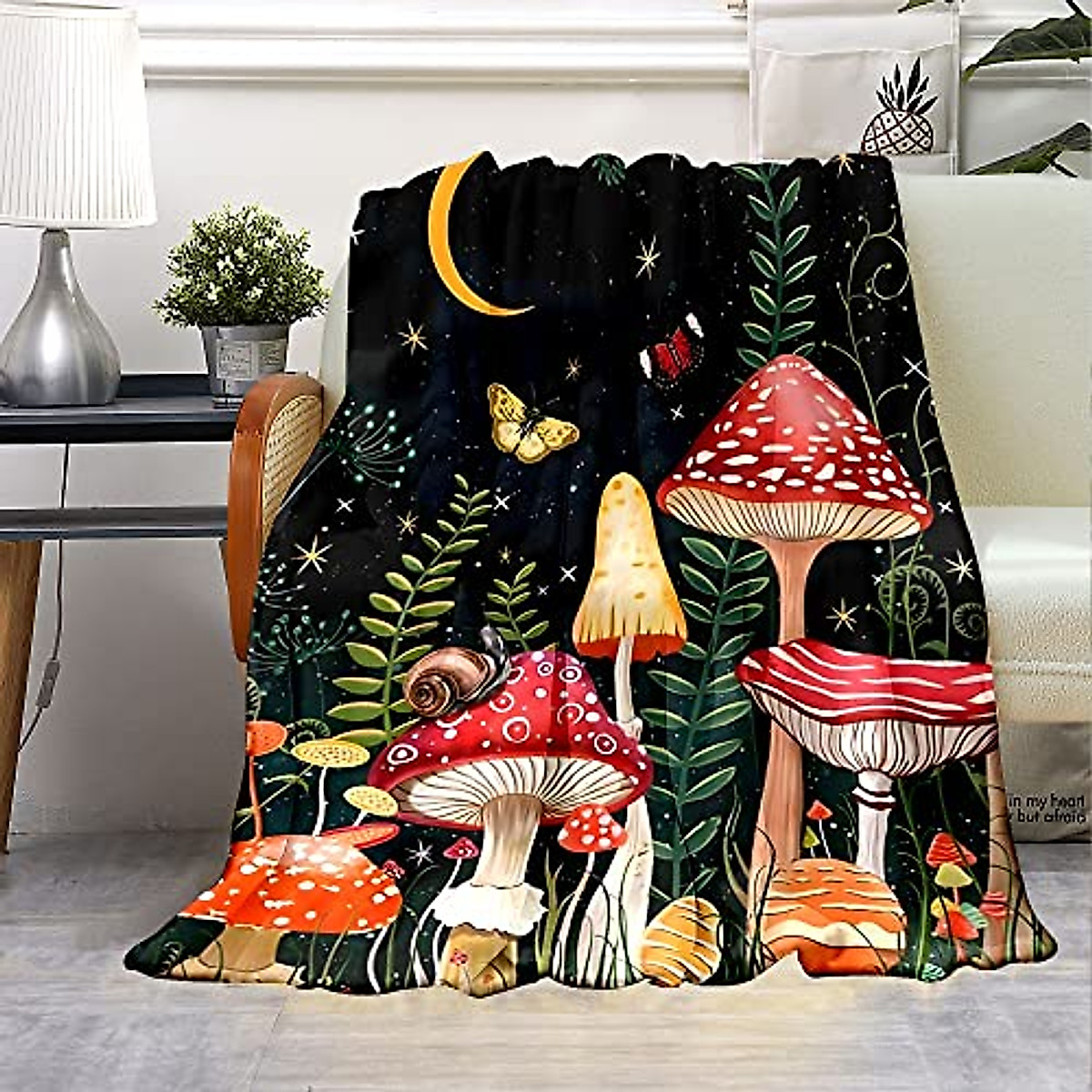 Mushrooms Blanket Soft Flannel Fleece Throw Blanket for Couch Sofa Bed (Mushrooms Moon, 50x60in)