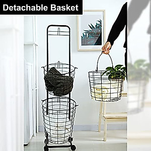 Ganggend 3-Tier Laundry Basket with Lockable Wheels, Wire Laundry Hamper with Rubber Handle Laundry Cart Storage Rolling Hamper for Organizing Clothes Black