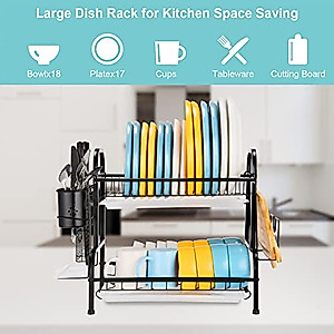 JOFTIX Dish Drying Rack, 2 Tier Stainless Steel Dish Rack for Kitchen Counter, Large Rust-Proof Dish Drainer with Drainboard, Utensil Holder, Cutting Board Holder, Black