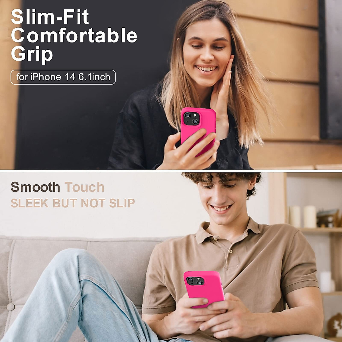 Vooii Compatible with iPhone 14 Case,[Silky Touch Premium Liquid Silicone] [Soft Anti-Scratch Microfiber Lining], Ultra Slim Shockproof Protective Case for iPhone 14 - Hot Pink