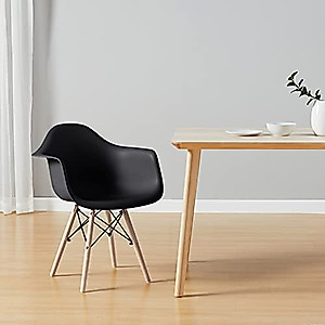 CangLong Natural Wood Legs Mid Century Modern Molded Shell Lounge Plastic Arm Dining-Chairs, Set of 1, Black