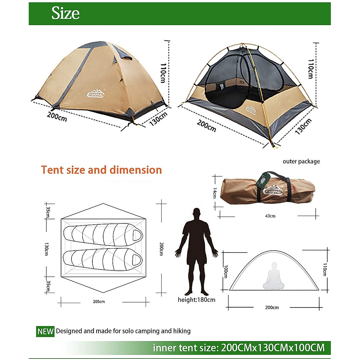 camppal Professional 1-2 Person 4 Season Expand Luggage Storage Space Mountain Tent, Lightweight Backpacking Tents, Durable Waterproof Windproof Hunting Hiking Camping Tent (Green)