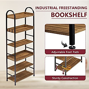 SPOWAY 6 Tiers Bookshelf, 70.8" Tall Bookcase with Round Top, Industrial Book Rack Display Shelves Organizer with Metal Frame for Living Room, Office, Bedroom (Wood Color)