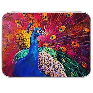Painting Animal Beautiful Peacock Dish Drying Mat 24"x18" Absorbent Machine Washable Hanging Fast Dry Pad Dish Protective Mat for Kitchen Countertop Heat Resistant Dinner Table Mat