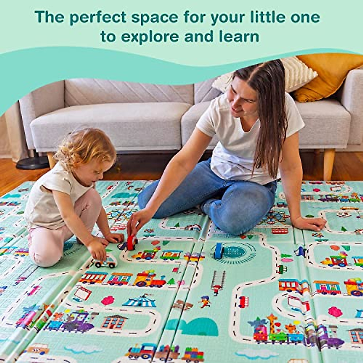 SUVELB Foldable Baby Play Mat - Reversible, Extra Large, Thick Foam Crawling Playmats for Infants, Toddlers, Kids - Waterproof Indoor Outdoor Tummy Time Floor Activity Mat (79 x 71 x 0.6 inches)