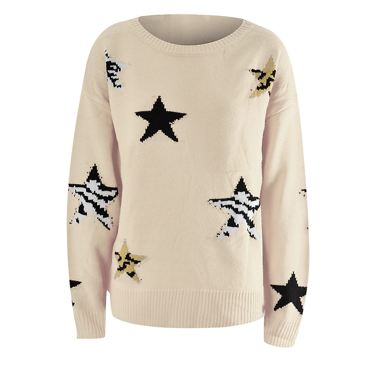 Women's Fall Tops, Chunky Sweater Women Cute Sweaters Long Sleeve Fitted for Ladies Fashion Sweater Roundneck Stars Knit Pullover Sweater Sweatshirts Cream 2022 Cowl Maternity Tops (M, Beige)