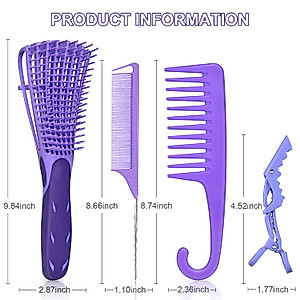 EZ Detangler Brush Set, MORGLES Detangling Hair Brush for Black Natural Hair Wide Tooth Comb with Rat Tail Comb 5PCS Alligator Clips for Men Women Kids(Purple)