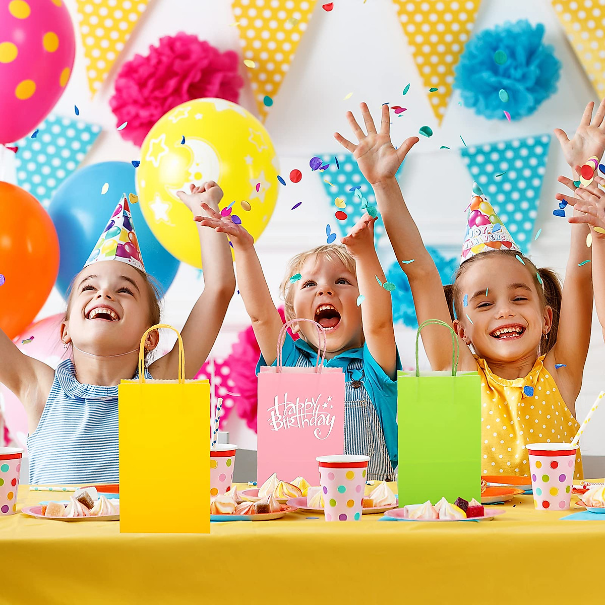 TOMNK 48 Pieces Small Gift Bags, 8 Colors Kraft Paper Party Favor Bags Bulk, Goodie Bags with Handles for Kids Birthday, Wedding, Baby Shower, Crafts, Party Supplies