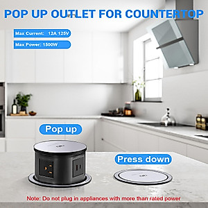 Pop Up Outlet Electrical Power Socket for Kitchen Countertop, Retractable Recessed Power Strip 4.7'' Hidden Outlet with 15W Wireless Charger 4 AC Plug 1 USB-A and 1 USB-C Port (Black)