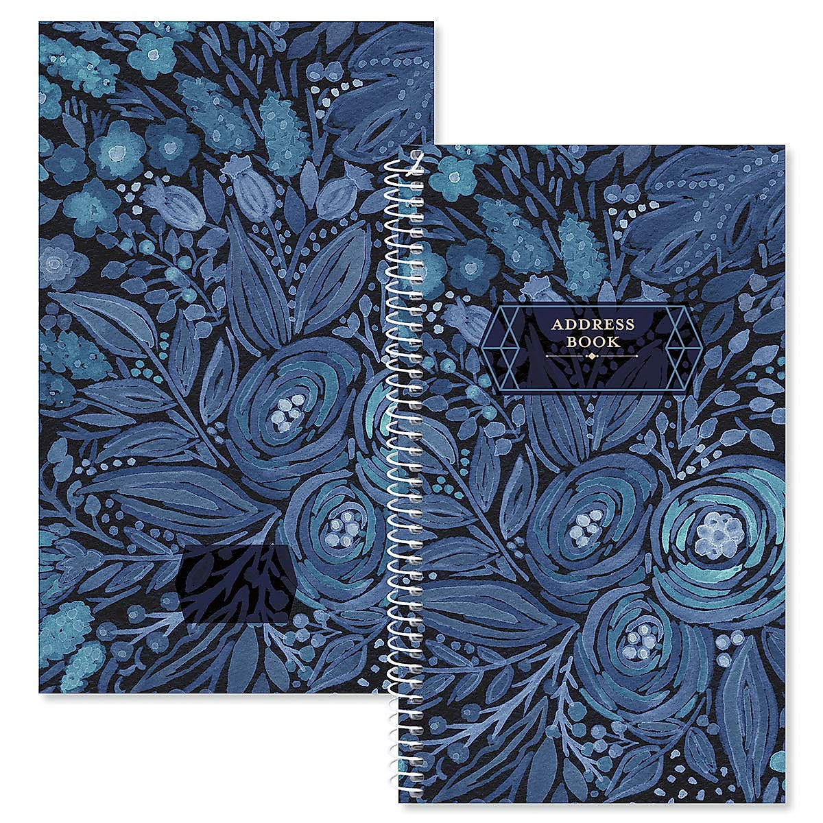 Navy Blossoms Address Book - 94 Pages; 5" x 8-1/2", Spiral-Bound, 50 Replacement Cover Stickers