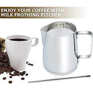 CAMKYDE Stainless Steel Milk Frothing Pitcher 12 oz, Espresso Steaming Pitcher with Decorating Pen for Espresso Machines, Cappuccino, Latte Art