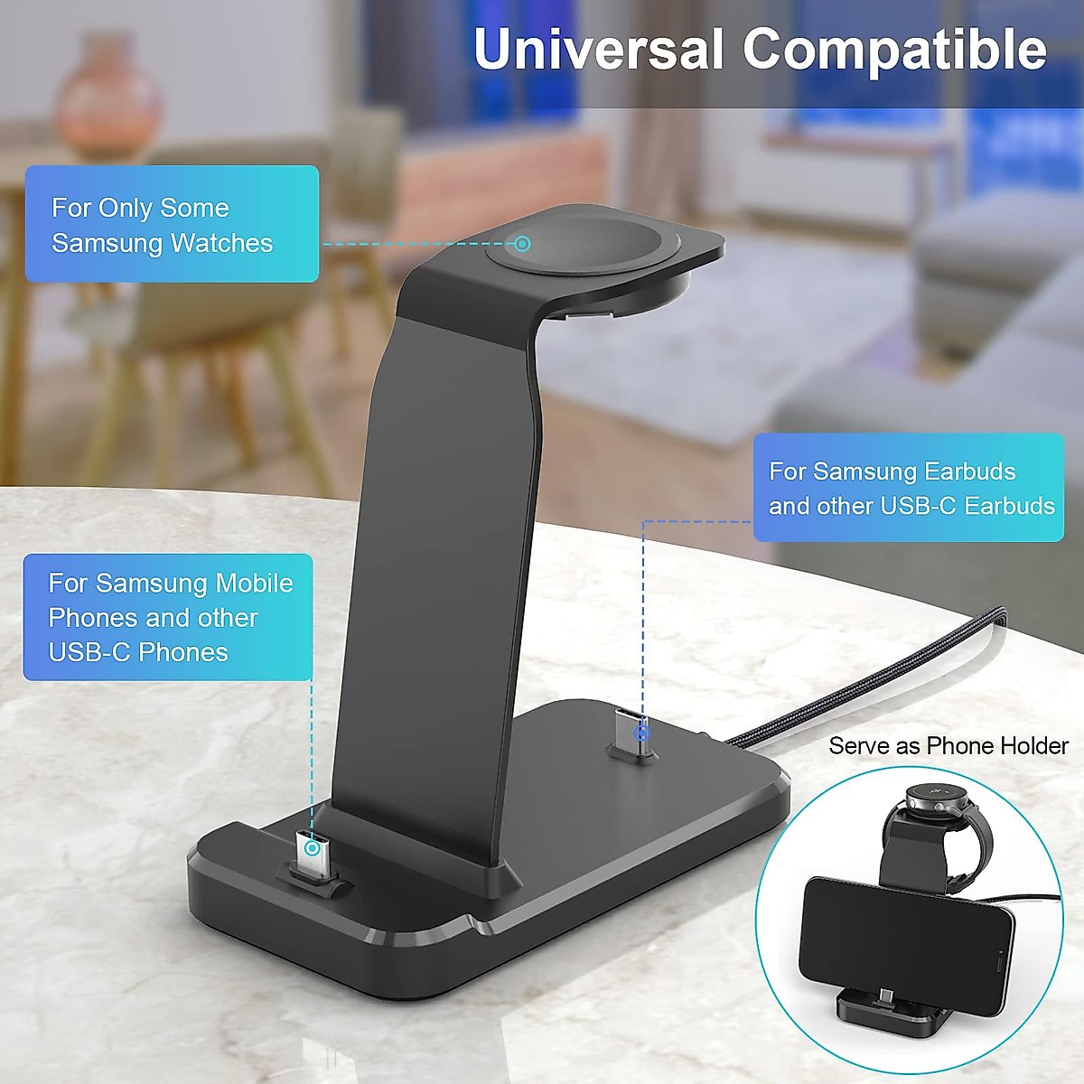 Charging Station for Samsung Multiple Devices,3 In 1 Fast Charging Stand Wireless Charger for Samsung Galaxy Watch 5/5 Pro/4/3/Active,Galaxy S23/S22/S21/S20/Note20/Note10/Z Flip 4/Z Fold 4,Galaxy Buds