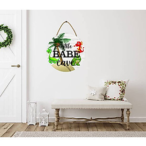 KPSheng Dinosaur Door Decor Plaque, Little Babe Cave Wooden Sign Door Hanger Nursery Decoration for Boys, Wood Wall Hanging Wreath for Toddler Kids Room Bedroom Playroom, 12 x 12 Inch