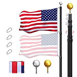 AKTOP 25FT Telescoping Flag Pole Kit, Black Extra Thick Heavy Duty Aluminum Flagpole Fly 2 Flags, Inground Telescopic Flag Poles with 1 USA Flag & 2 Balls Top for Yard, Residential or Commercial