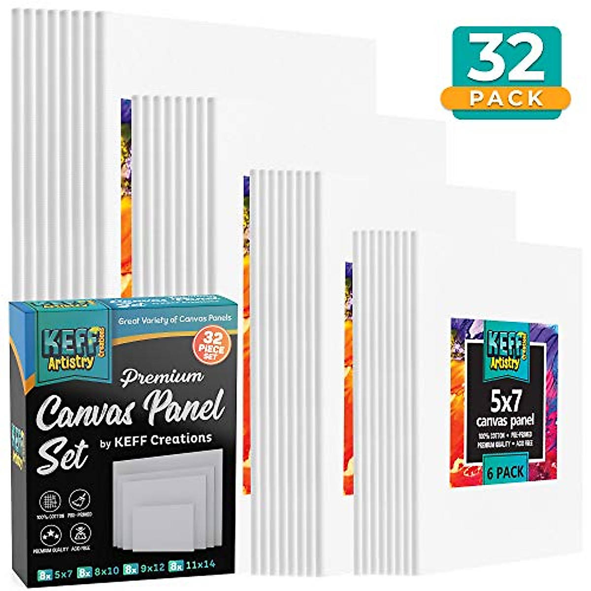 KEFF Canvases for Painting - 32 Pack Blank Canvas Panels Set Boards for Acrylic, Oil, Tempera & Watercolor Paint - 100% Cotton Art Painting Supplies for Adults & Kids