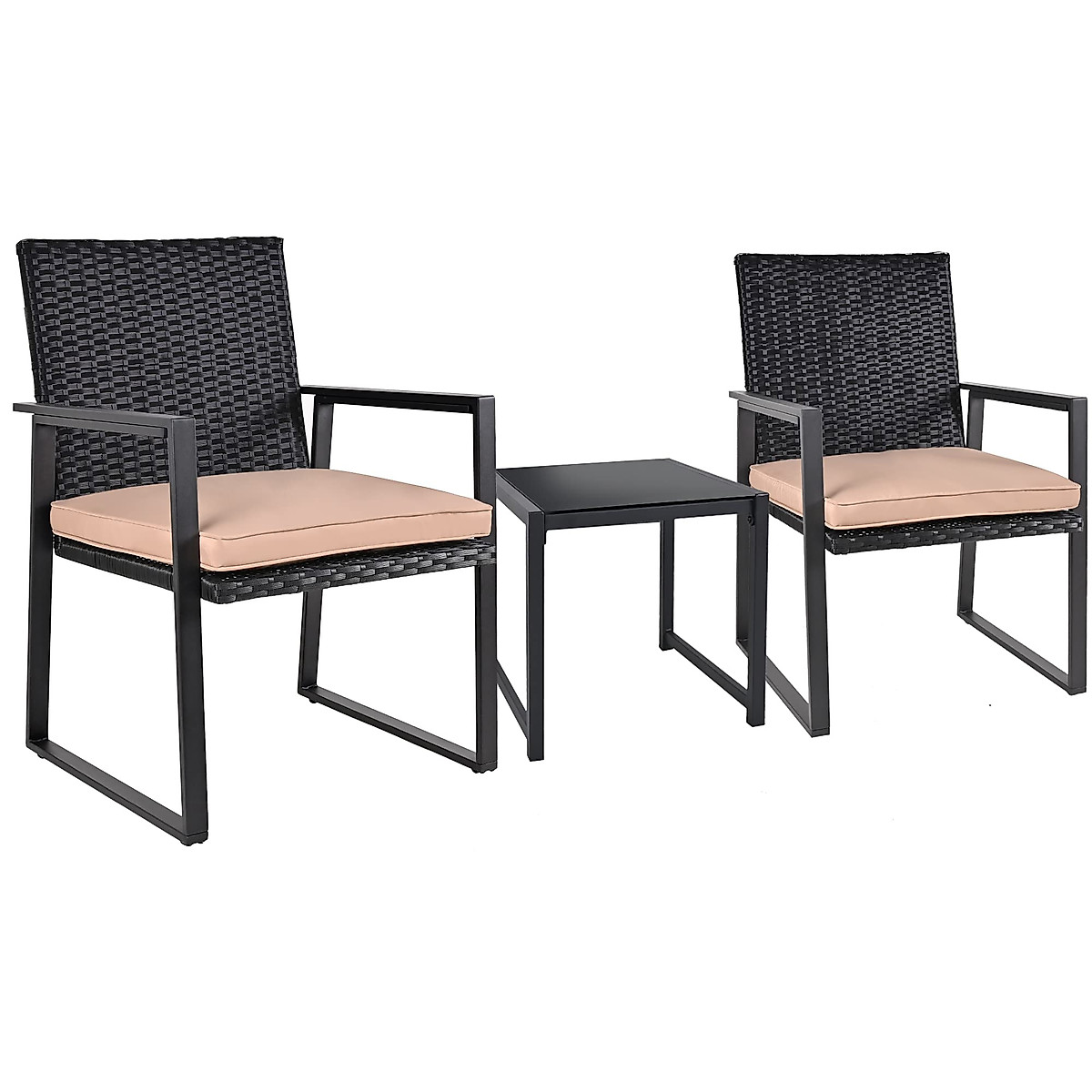 SUNLEI Outdoor 3-Piece Bistro Set Black Wicker Furniture-Two Chairs with Glass Coffee Table(Khaki)