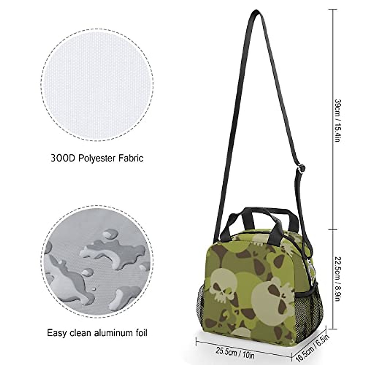 Military Skulls Printed Lunch Box Tote Bag with Handles and Shoulder Strap for Men Women Work Picnic