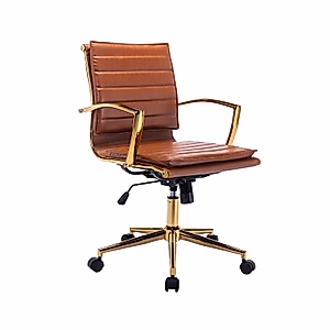EALSON Modern Leather Office Chair Comfortable Home Office Desk Chair with Wheels and Arms Gold Base Conference Chair Ergonomic Computer Task Chair Adjustable Swivel Chair, Brown