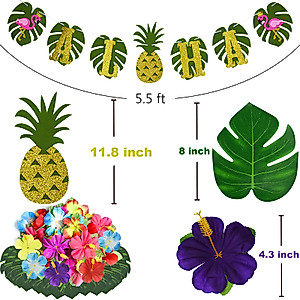 JOPHMO Tropical Luau Party Decoration Pack Hawaiian Beach Theme Party Favors Luau Party Supplies (112 PCS) including Banner, Table Skirt, Straws, Flamingo, Pineapple Décors.