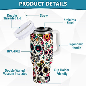 ALAZA Sugar Skull Day Of Dead Flower 40 oz Tumbler Stainless Steel Water Bottle Vacuum Insulated Cup with Straw Lid & Handle For Travel Car Cup Holder