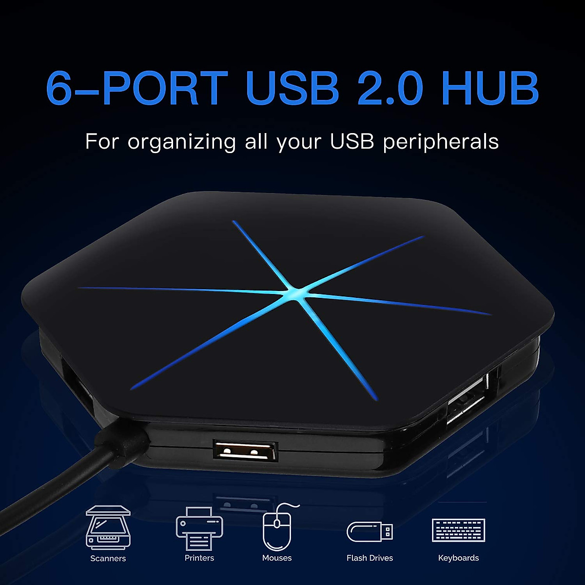 MefeCoorel USB Hub 6-Port USB 2.0 Hub USB Extension Cable Blue LEDs Extra USB Ports for Devices Such as PS4 Mac PC Laptop Computer Desktop