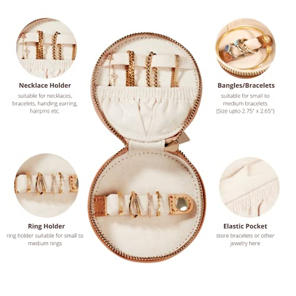 Decorebay Everyday Genuine Cow Leather Zip Around Mini Travel Jewelry Box Organizer with Zipper Closure (Saddle Brown)