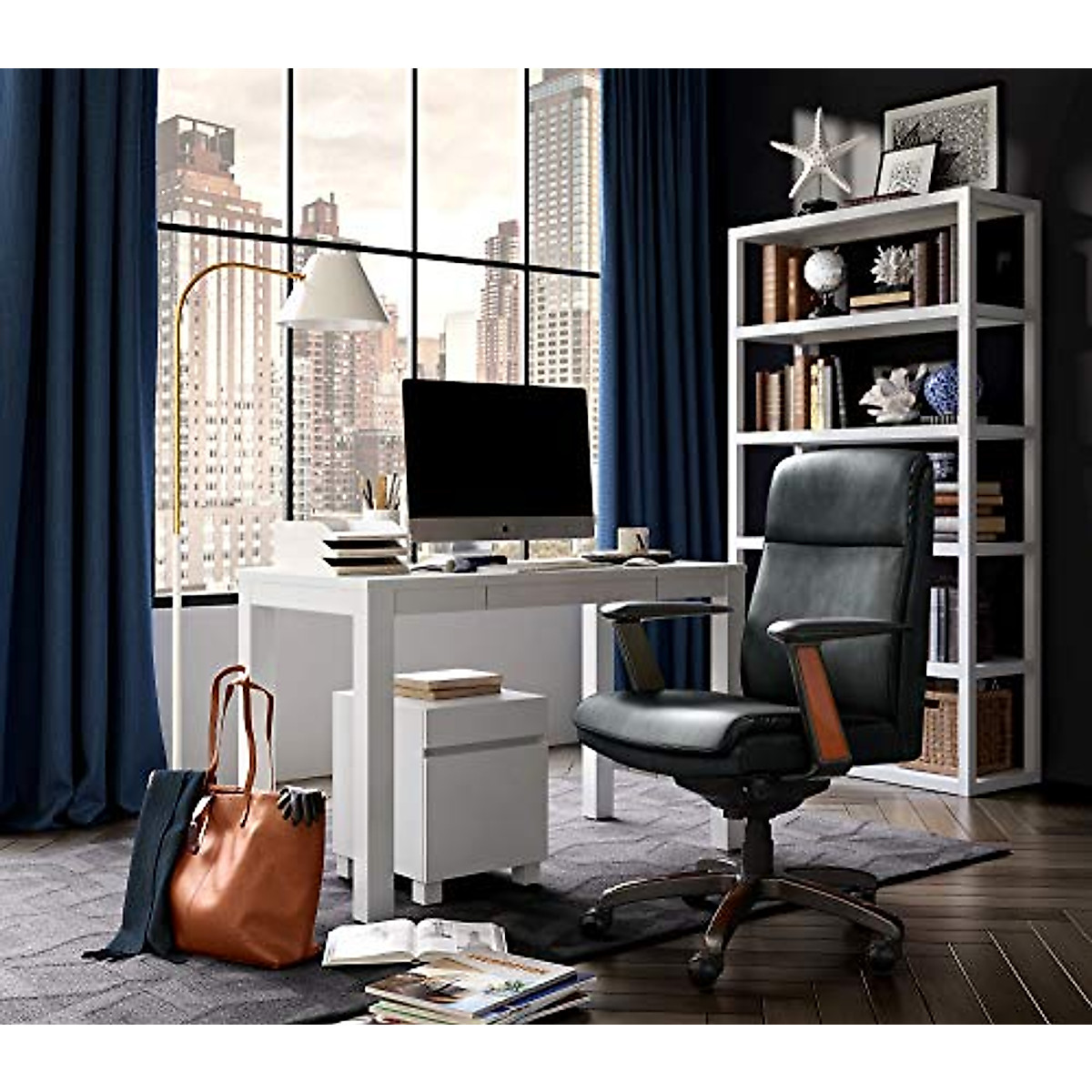 La-Z-Boy Dawson Modern Executive Office, Adjustable High Back Ergonomic Computer Chair with Lumbar Support, Black Bonded Leather with Wood Inlay