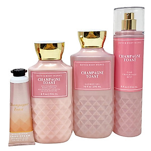 Bath and Body Works CHAMPAGNE TOAST Gift Bag Set - Body lotion - Shower Gel and Fine Fragrance Mist Plus a Shea Butter Hand Cream arranged inside a transparent gift bag