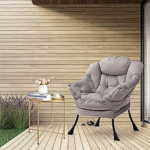 AcozyHom Modern Large Cotton Fabric Lazy Chair，Accent Contemporary Lounge Chair, Single Steel Frame Leisure Sofa Chair with Armrests and A Side Pocket, Smoky Grey