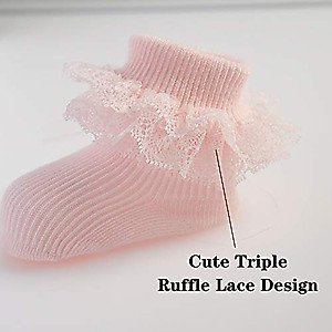 Mini angel Baby Lace Socks Newborn Girls Triple Lace Ruffle Frilly Socks Soft Cotton Turn Cuff Socks with Box Gift Set,3 Pairs,White/Pink,0-6 Months