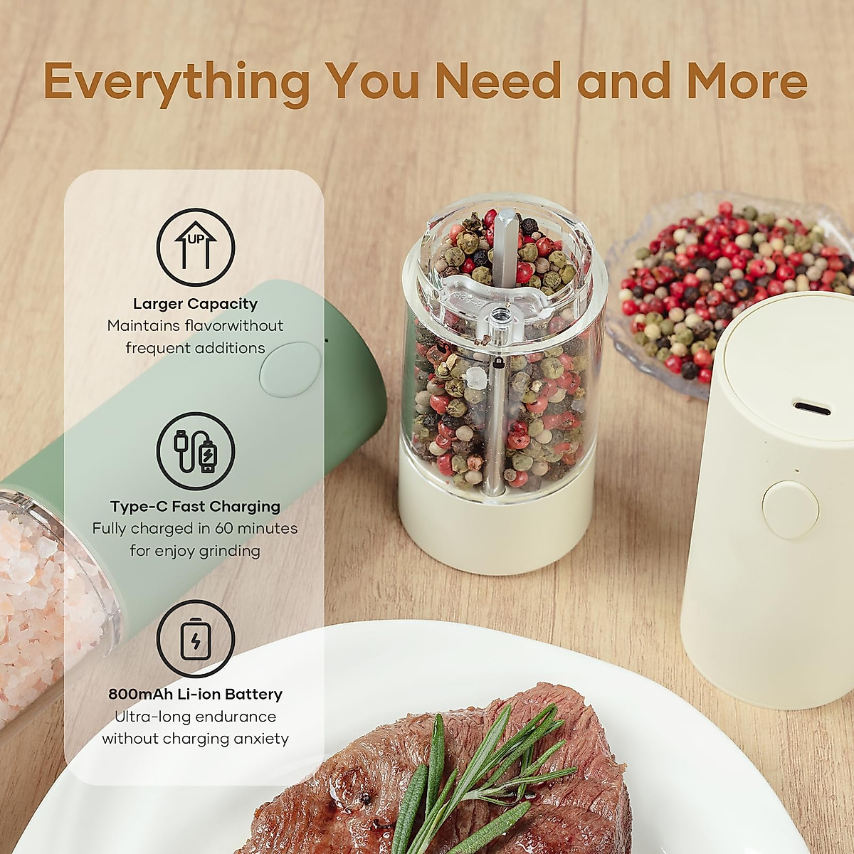 OPIIV 2 Pack Electric Salt and Pepper Grinder Set - USB Rechargeable Automatic Salt Pepper Mill Shaker with LED Light, Adjustable Coarseness, One Hand Operation (Sage/Buttercream)