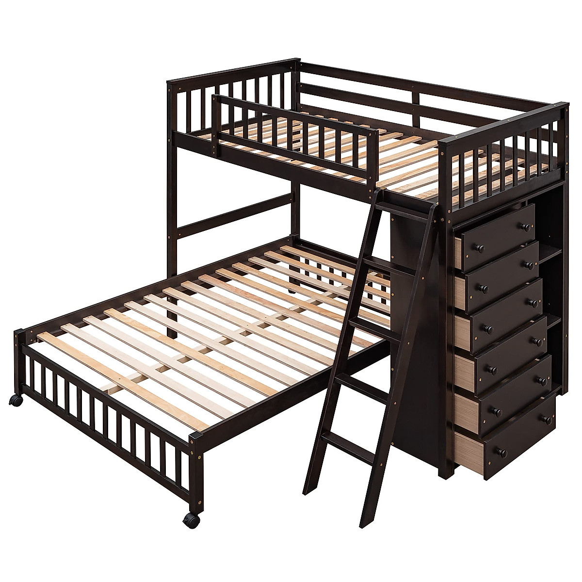 Harper & Bright Designs Twin Over Full Bunk Bed with 6 Storage Drawers and 3 Shelves, Wood Twin Loft Bed with Movable Lower Bed, No Box Spring Needed(Espresso, Bottom Bed with Wheels)