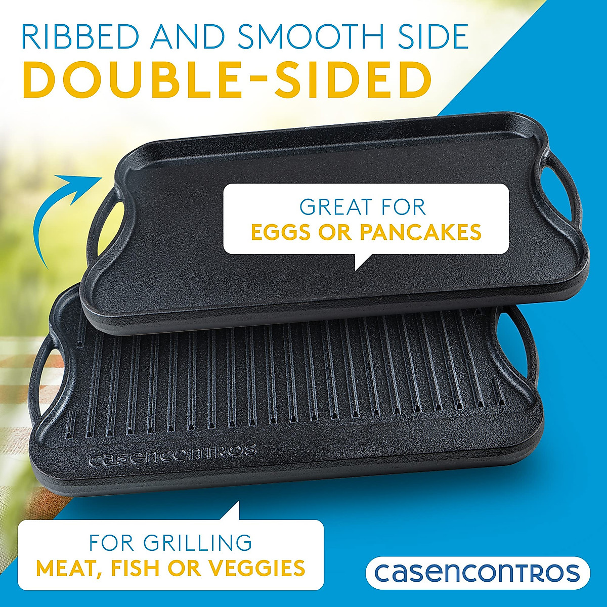 Casencontros - Cast Iron Griddle Pan for Stove Top [2 in 1 Reversible] - Pre-Seasoned Stove Top Griddle with Handles [17 x 9.8in] - Multi Use Grill Pan with Silicone Handles - Stove Top Griddle