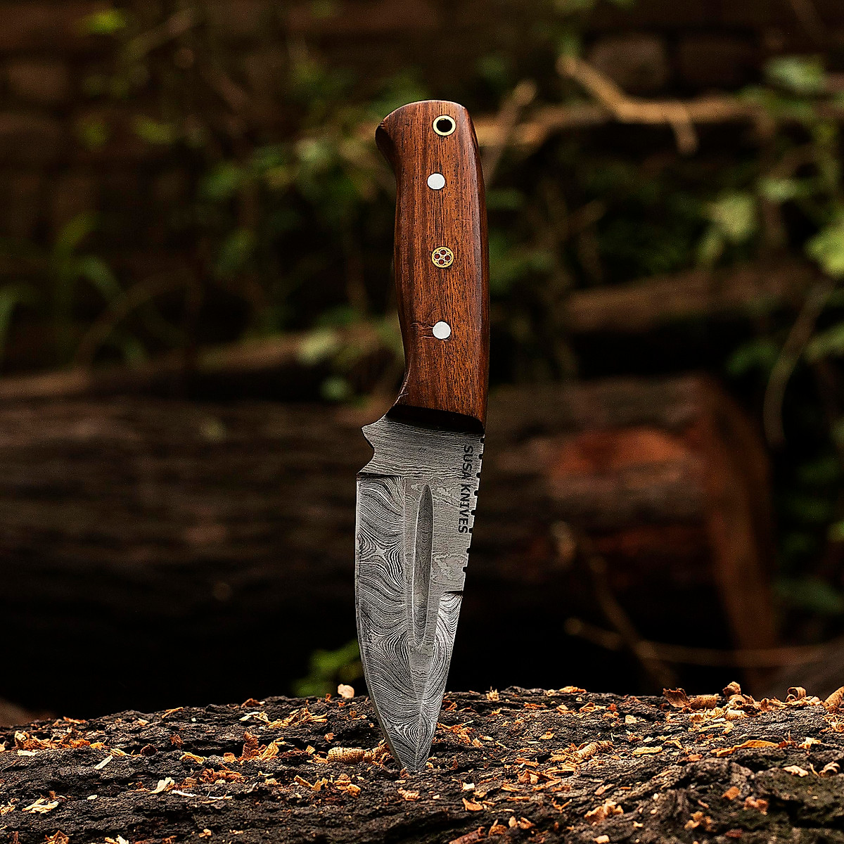 SUSA KNIVES 8''Fixed Blade Handmade Damascus Hunting Knife, Walnut Wood Handle -Its A Hunting Knife with Sheath | Bushcraft Knife EDC Survival Knife for Men | (WOOD)